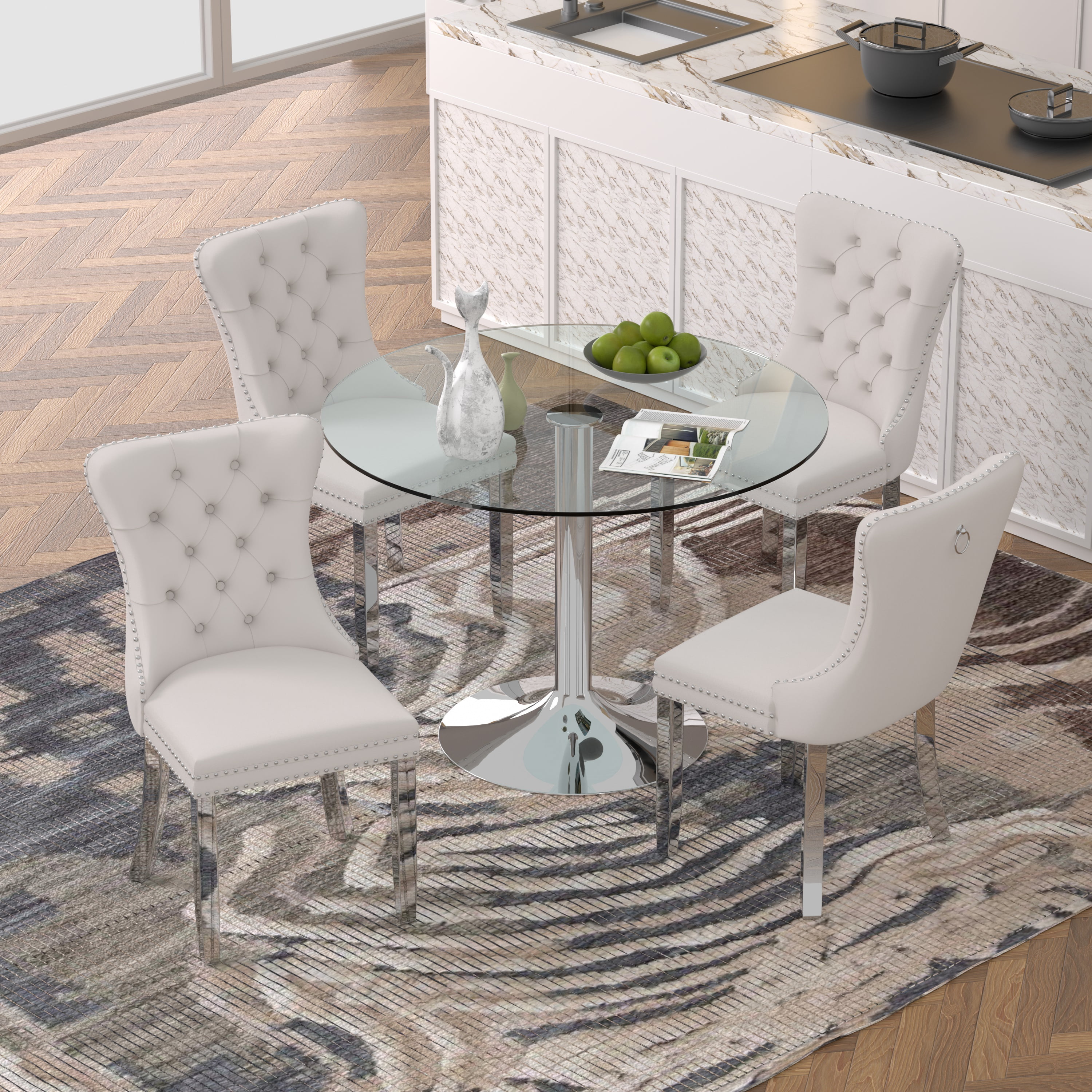 47" Modern Round Bar Style Dining Table Set with 4 Velvet Upholstered ...