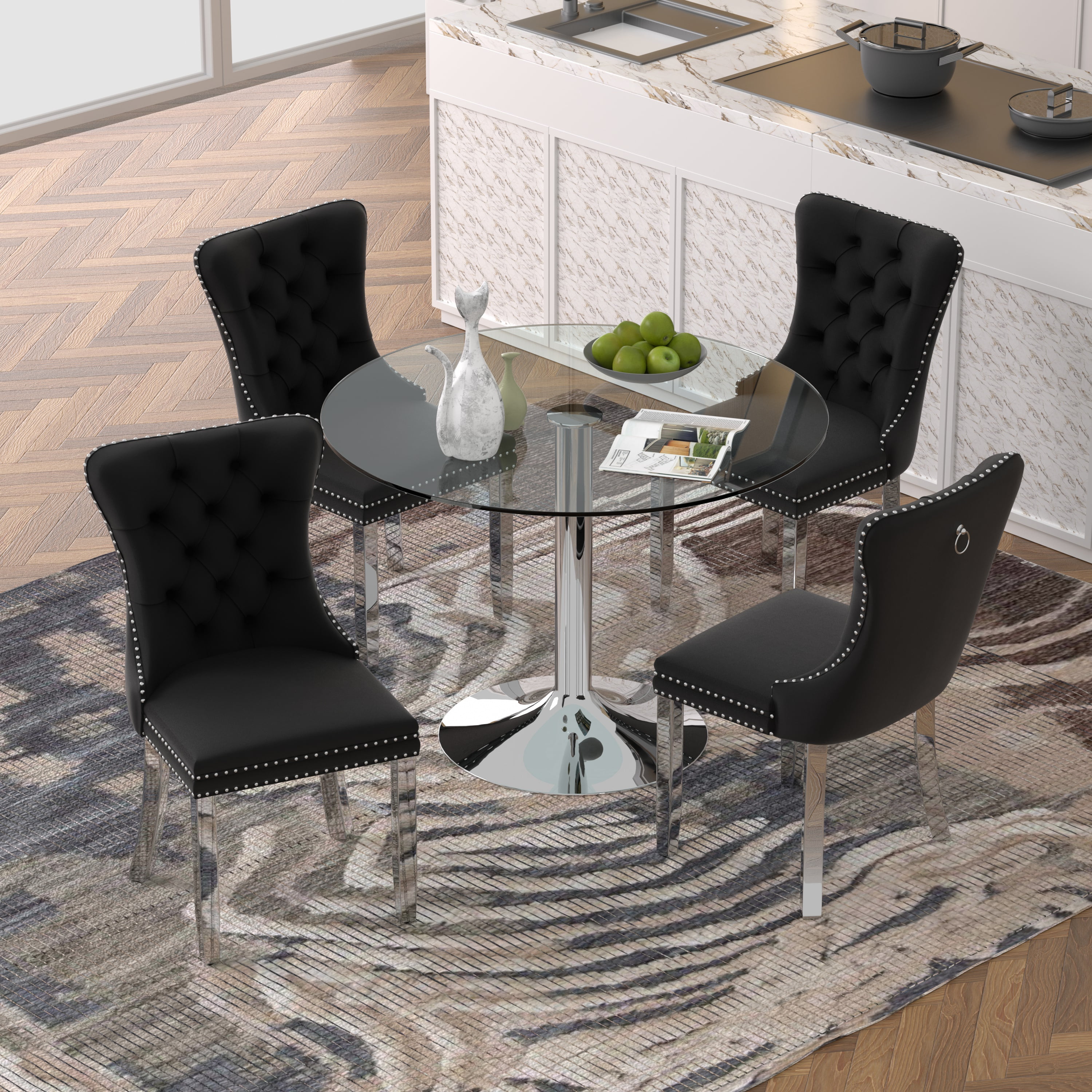 47" Modern Round Bar Style Dining Table Set with 4 Velvet Upholstered ...