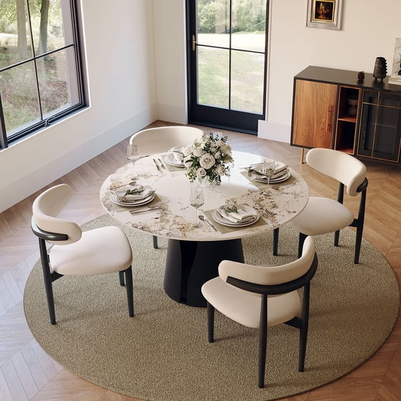 POVISON-47" Modern Round Dining Table for 4, Glossy Pandora Sintered ...