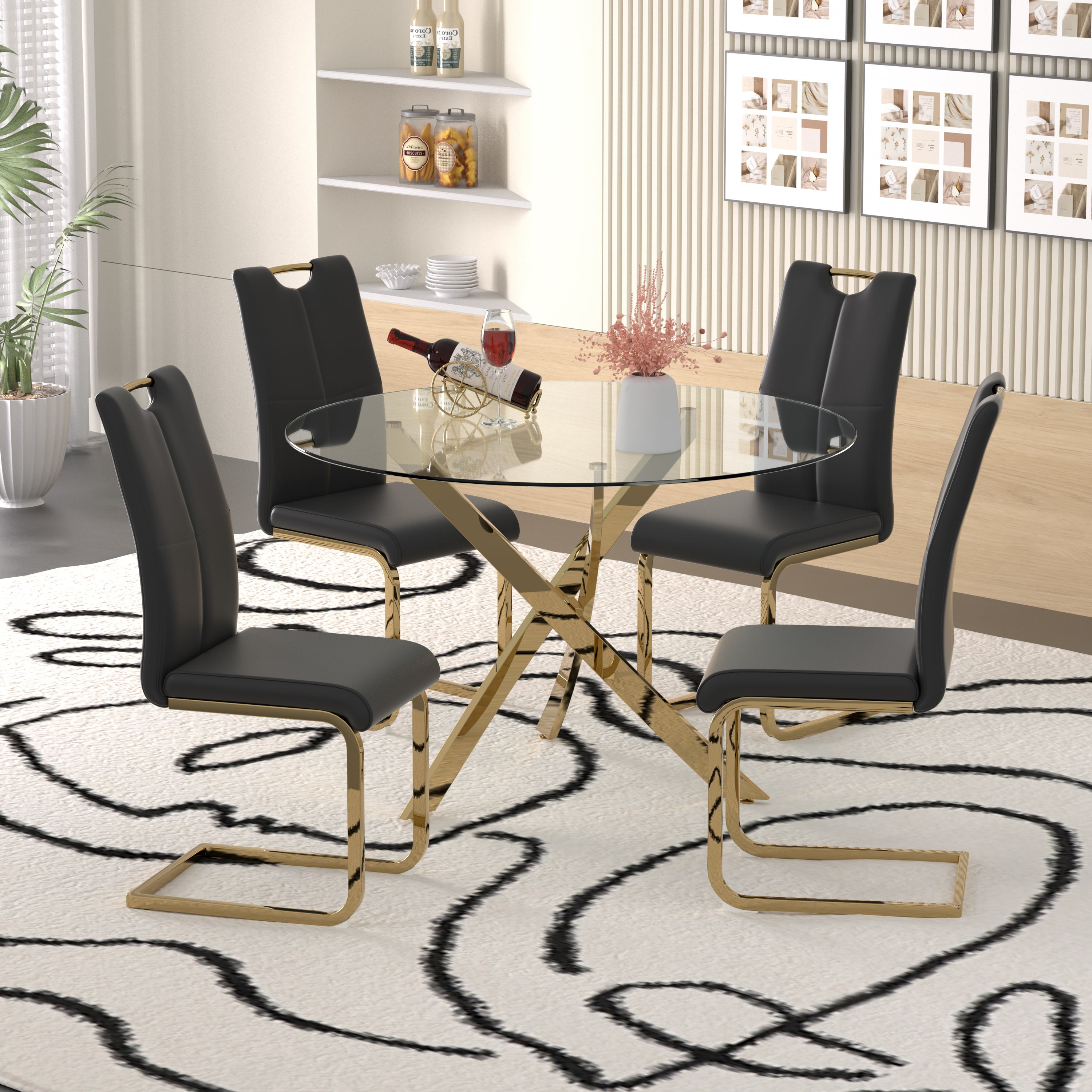 47" Modern Round Glass Dining Table Set with 4 PU Leather Chairs,Golden ...
