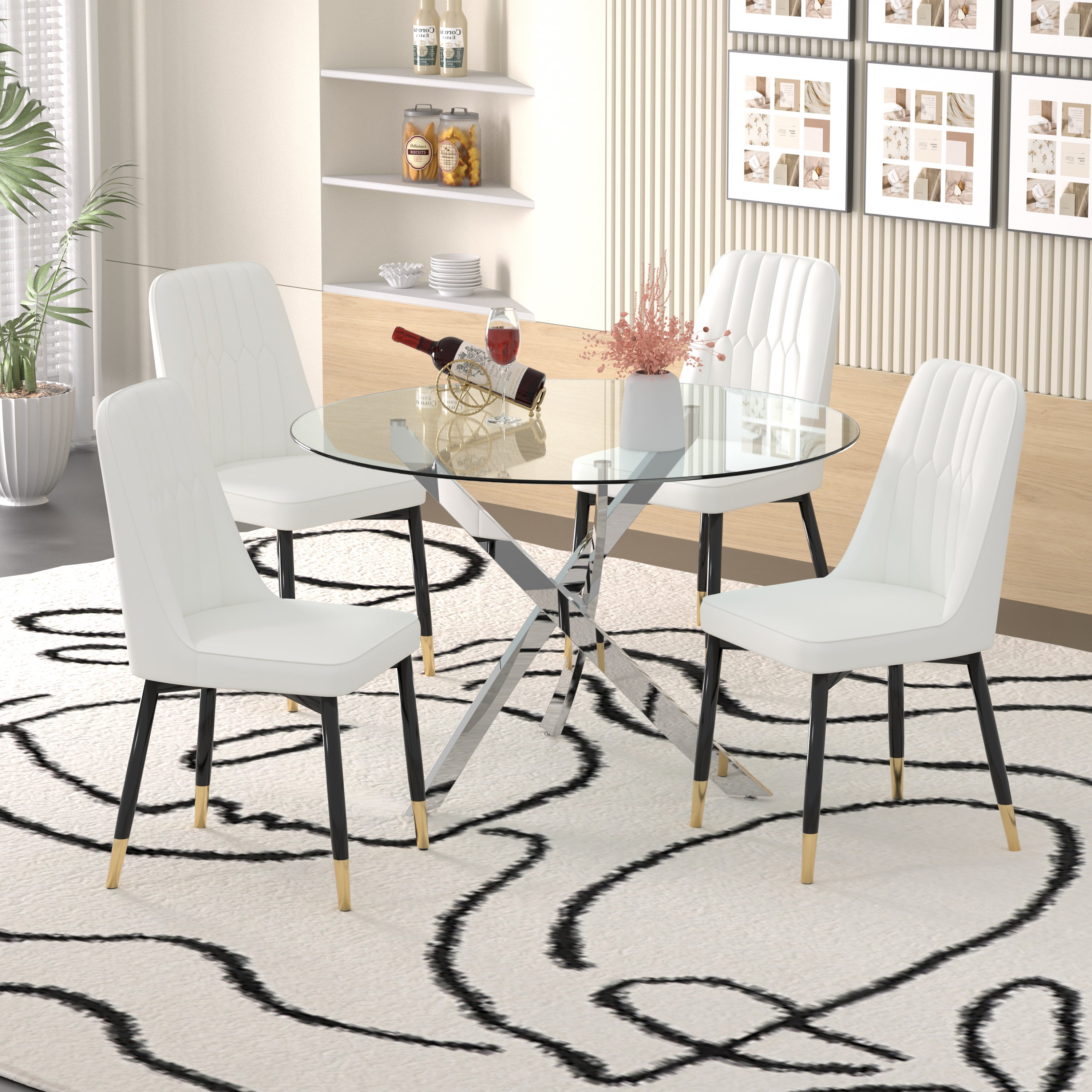 47" Modern Round Glass Dining Table Set with 4 PU Leather Chairs,Silver ...