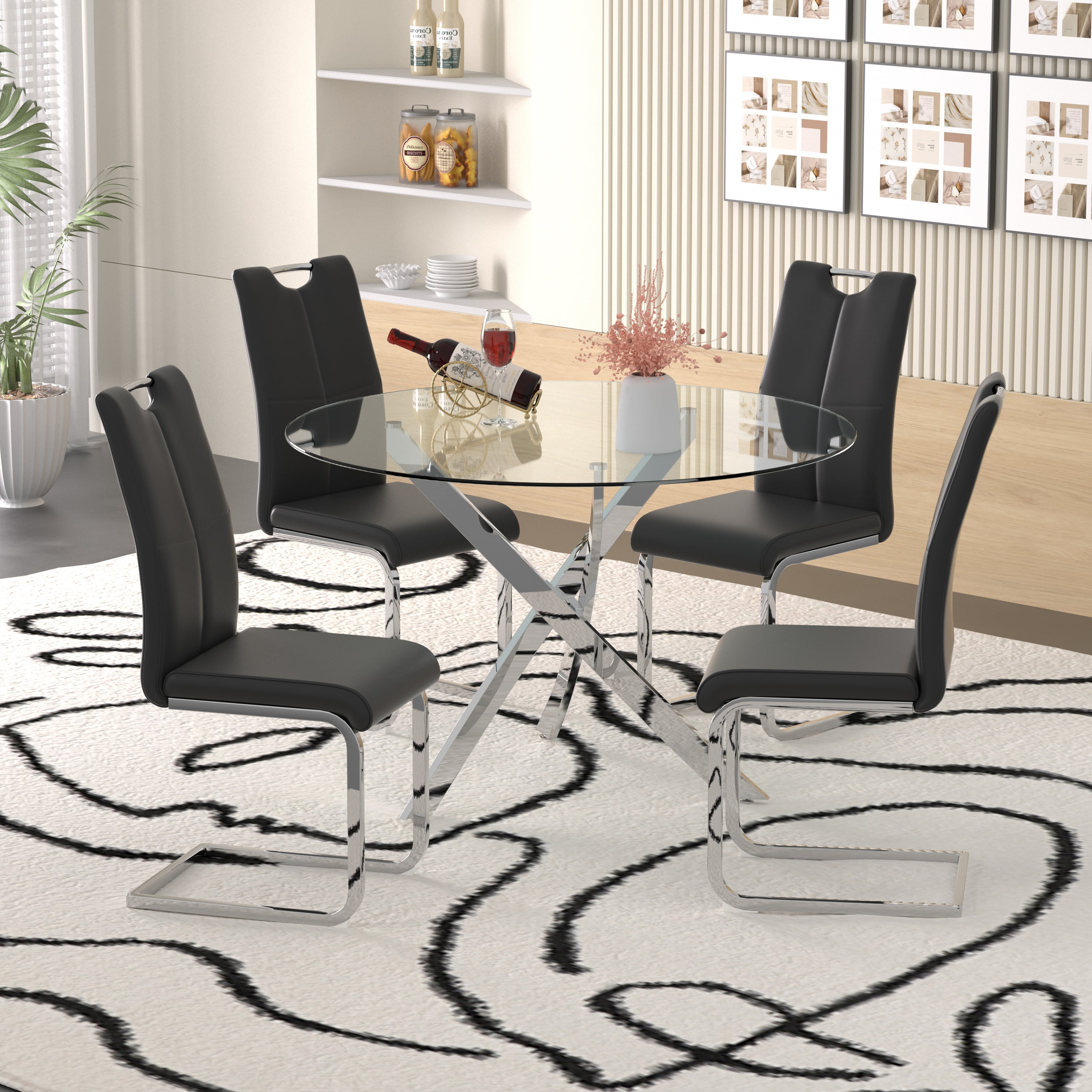 47" Modern Round Glass Dining Table Set with 4 PU Leather Chairs,Silver ...