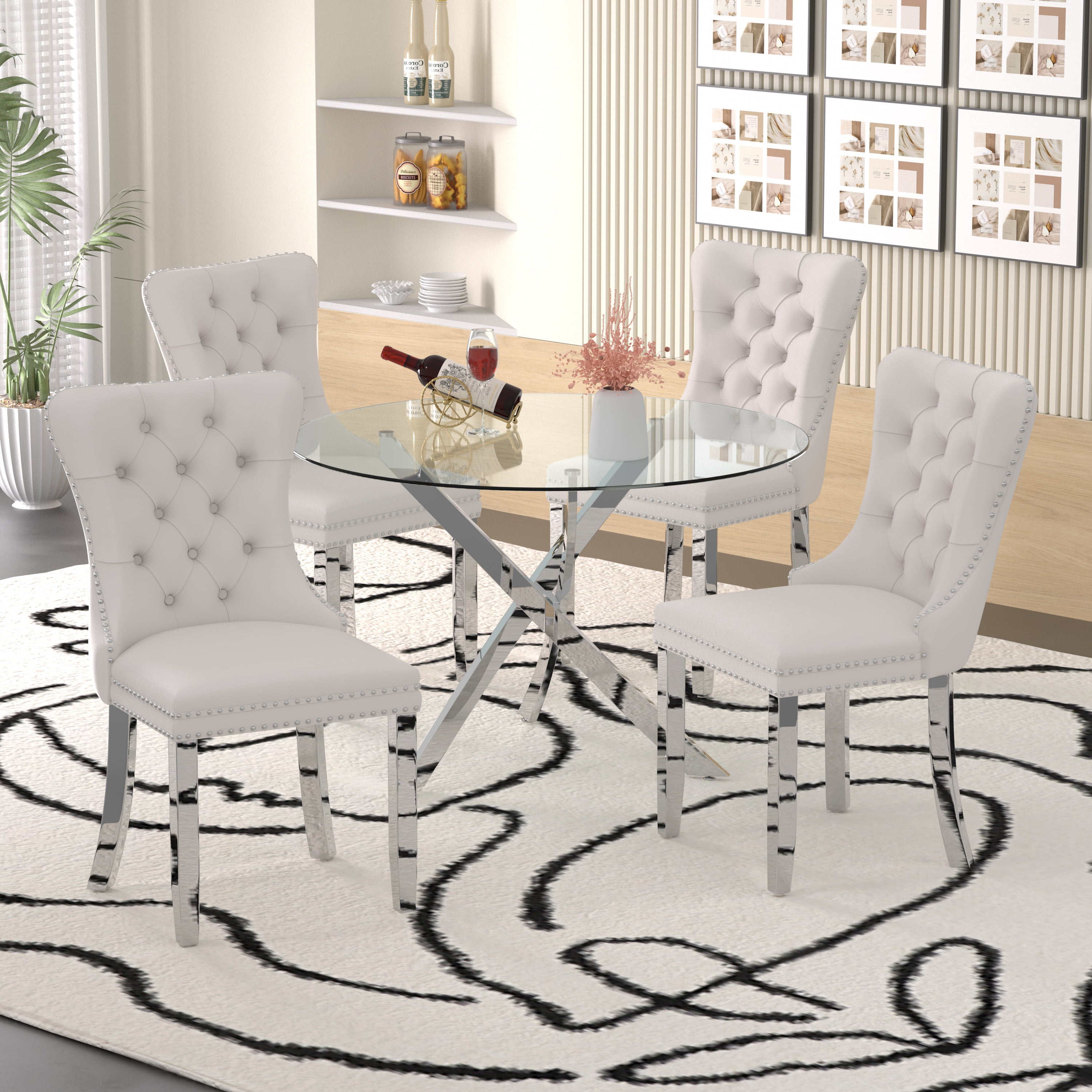 47" Modern Round Glass Dining Table Set with 4 Velvet Upholstered ...