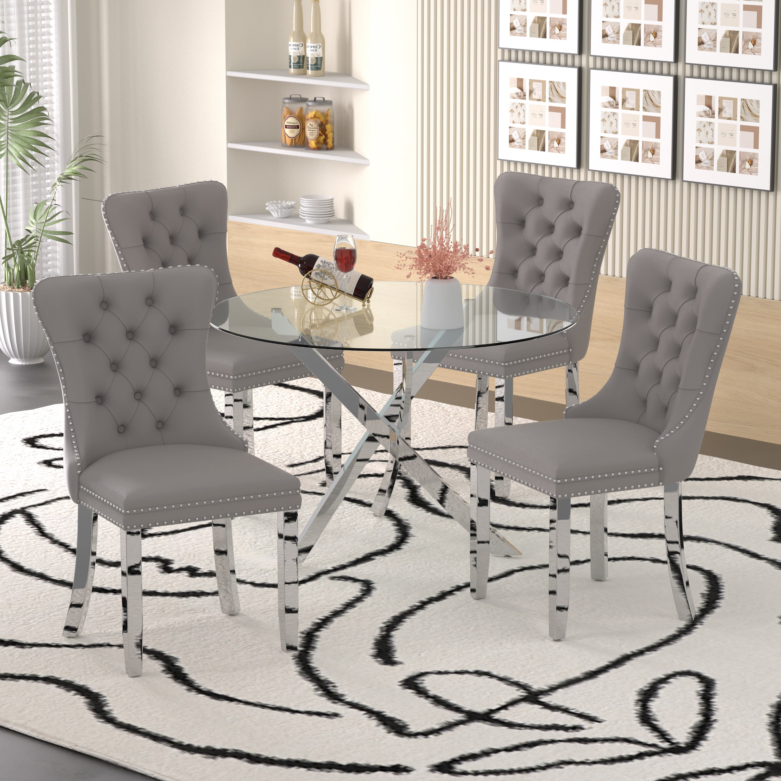 47" Modern Round Glass Dining Table Set with 4 Velvet Upholstered Chairs,Silver Leg Glass Table ...