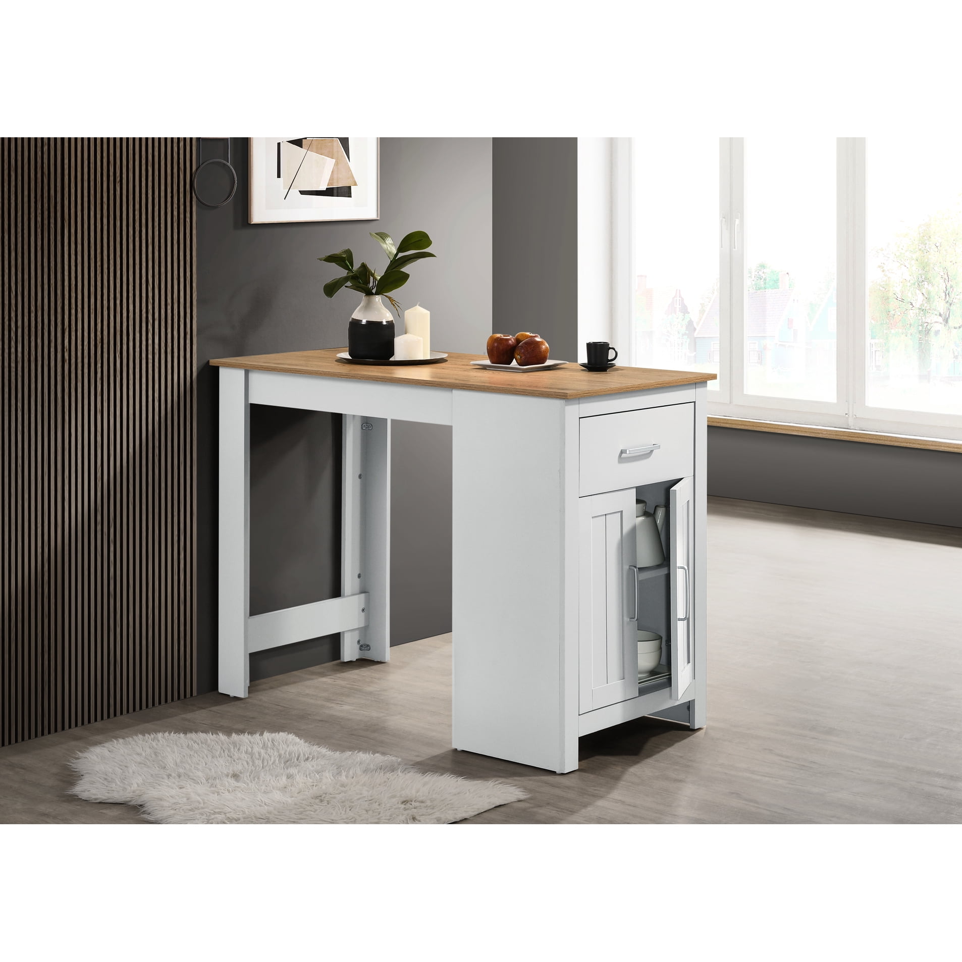 47" Oak And White Dining Table With Cabinet Storage Drawer, 2 Counter ...