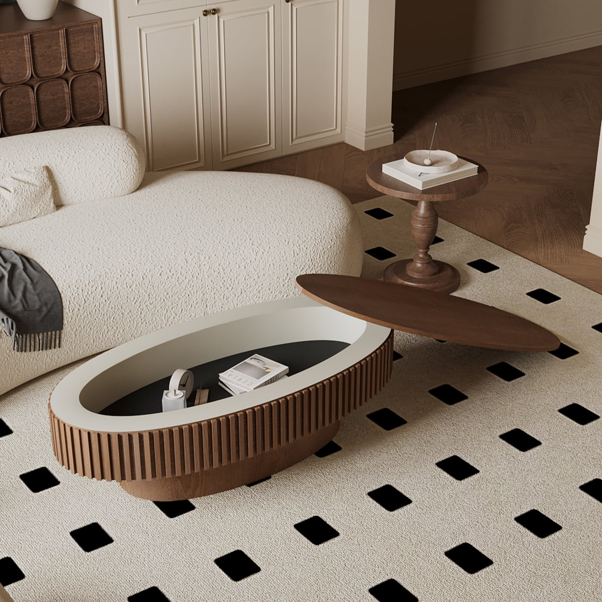 47'' Oval Coffee Table with Storage Solid Wood Veneered Modern Coffee ...