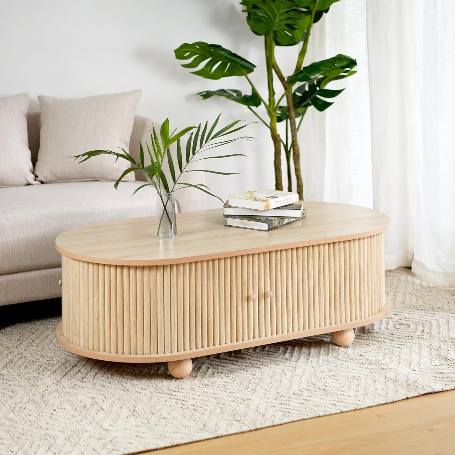 47" Oval Mid-Century Coffee Table with Accordion Door End Table Storage ...
