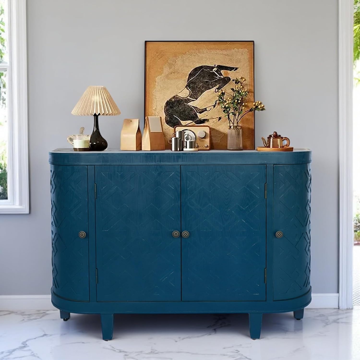 47''Oval Storage Cabinet with 4 Doors,Buffet Sideboard with Storage, Fluted Accent Cabinet with ...