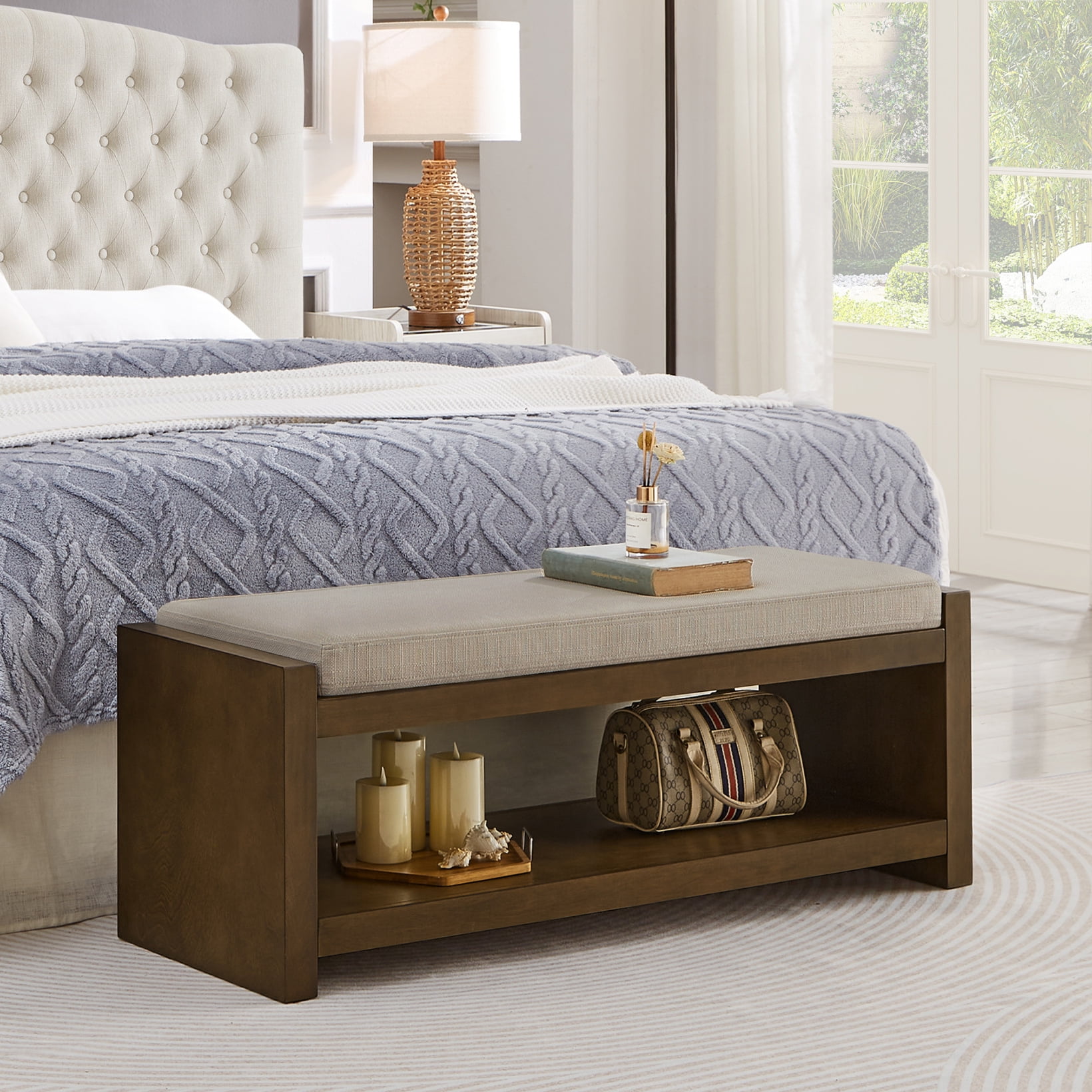 47" Padded Seating Bench with Lower Shelf Shoe Rack,Modern Compact Bed ...