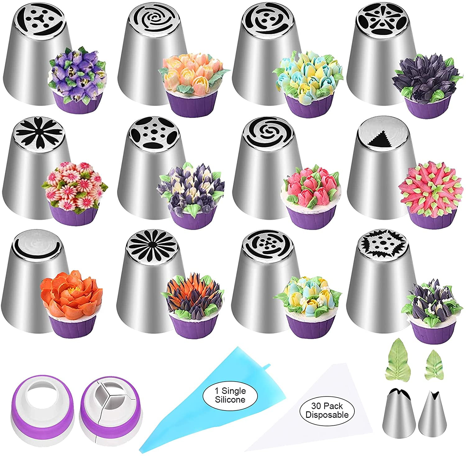 47 Pcs Russian Piping Tips Set, 12 Flower Frosting Nozzles Icing Tips ...