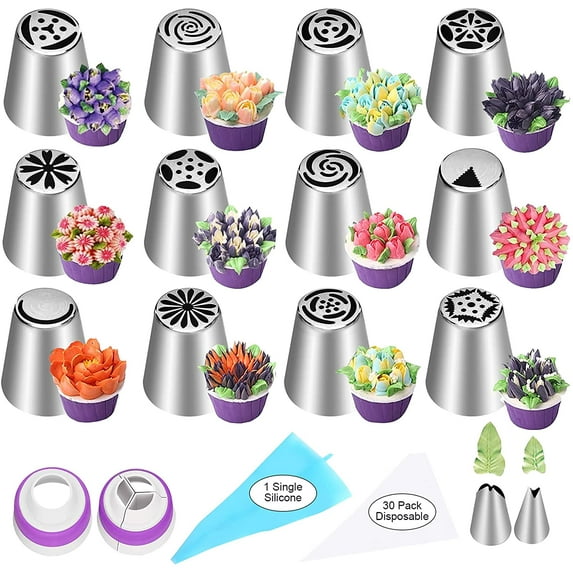 47 Pcs Russian Piping Tips Set, 12 Flower Frosting Nozzles Icing Tips ...