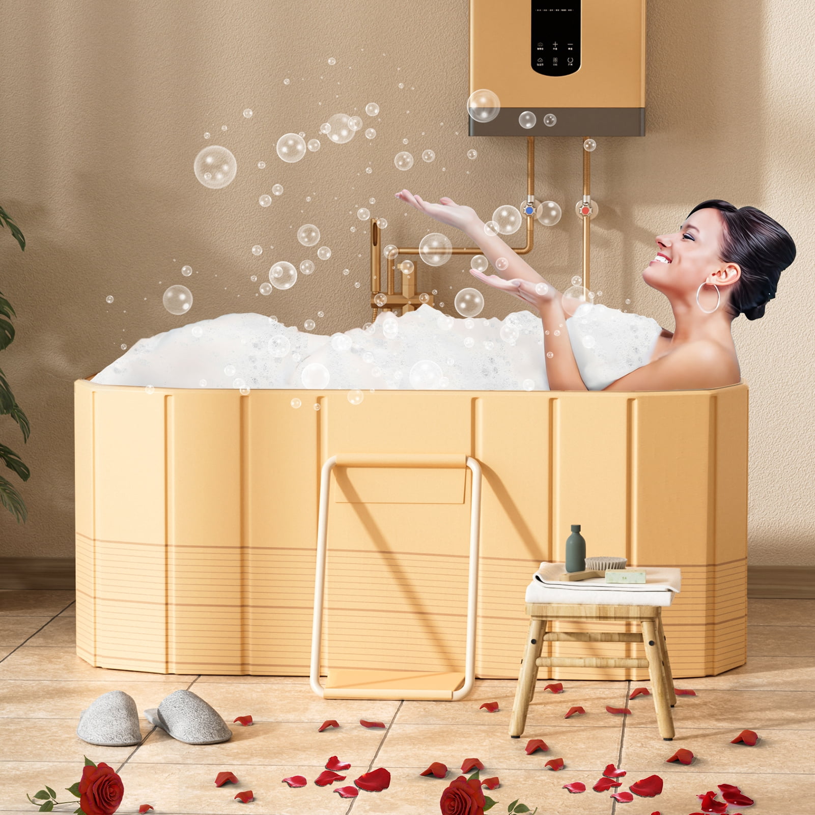 47'' Portable Folding Bathtub with Thermal Cover Metal Support, 5 ...