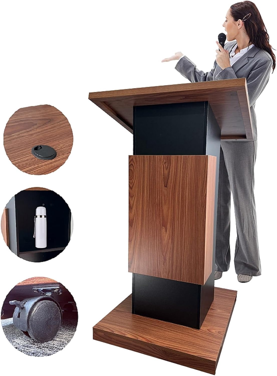 47"Portable Wooden Podium, Mobile Wood Speaking Lectern Stand, Reserved ...