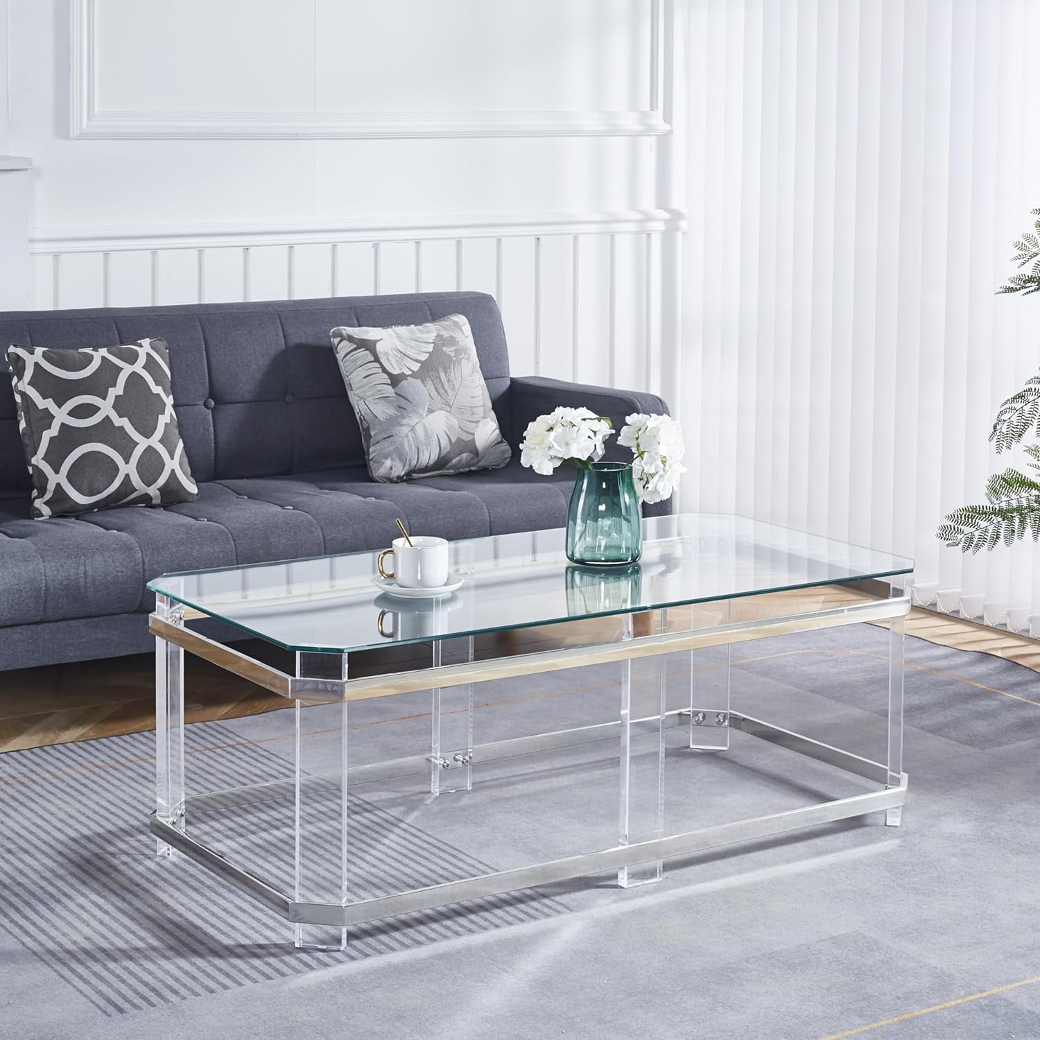 47'' Rectangle Coffee Table with Glass Top,Modern Silver Center Table ...