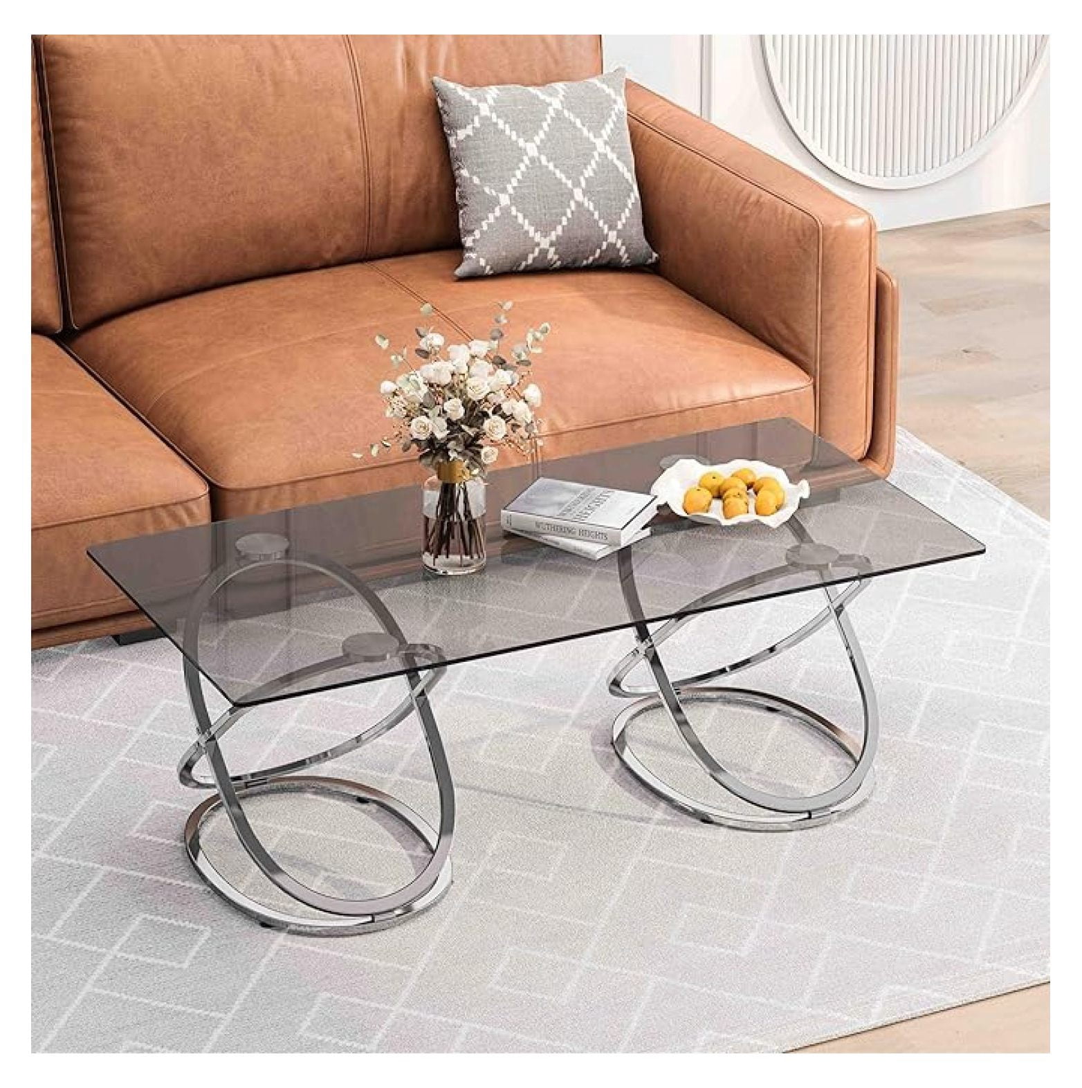 47" Rectangle Coffee Table with Tempered Glass , Modern Ring Base, Gray ...