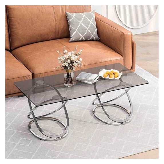 47" Rectangle Coffee Table with Tempered Glass , Modern Ring Base, Gray ...
