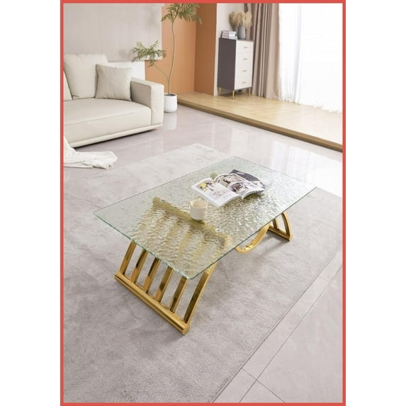 47” Rectangle Gold Stainless Steel Coffee Table with Water Ripple Glass ...