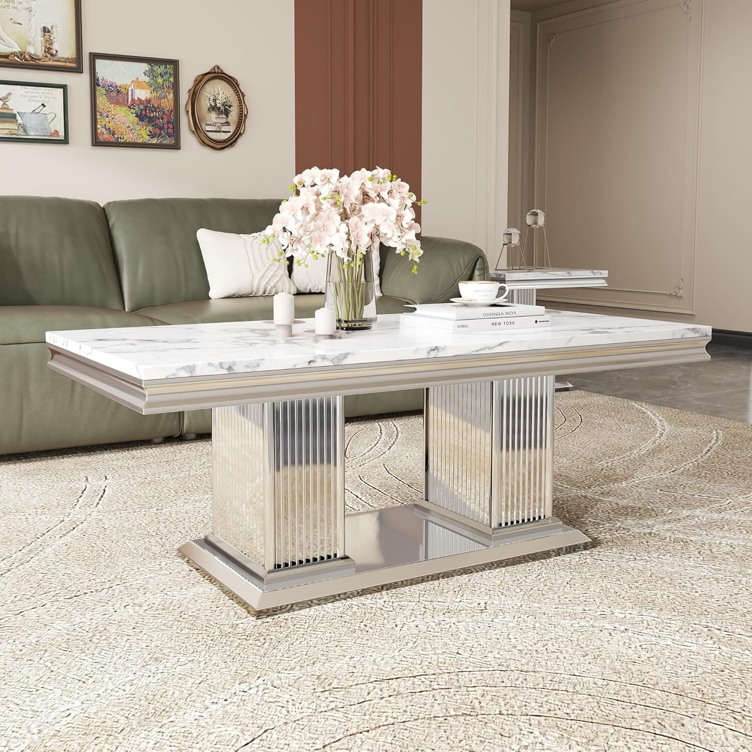 47" Rectangular Coffee Table, Modern Faux Marble Center Table, Silver ...