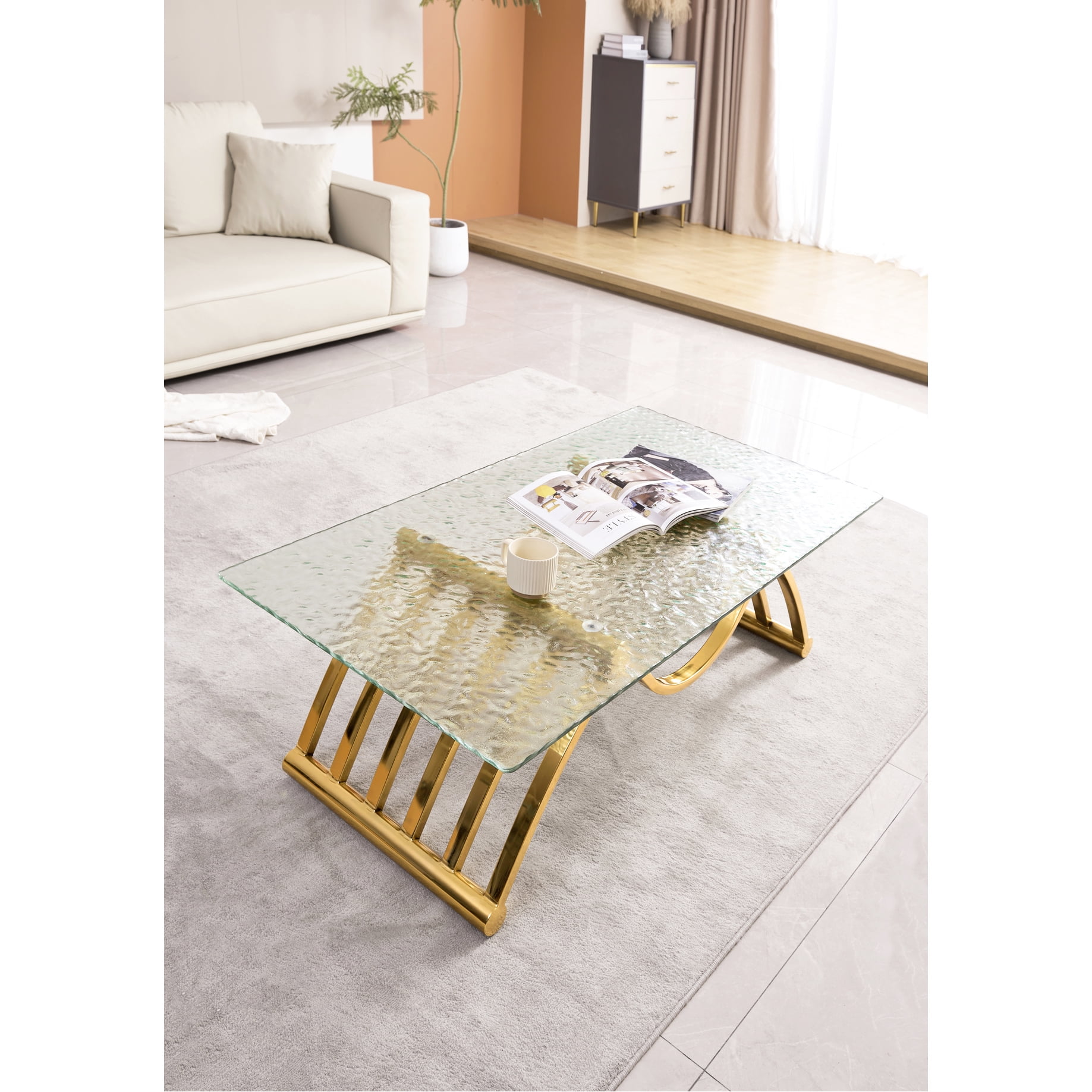 47" Rectangular Coffee Table With Modern Look, Gold Stainless Steel And ...