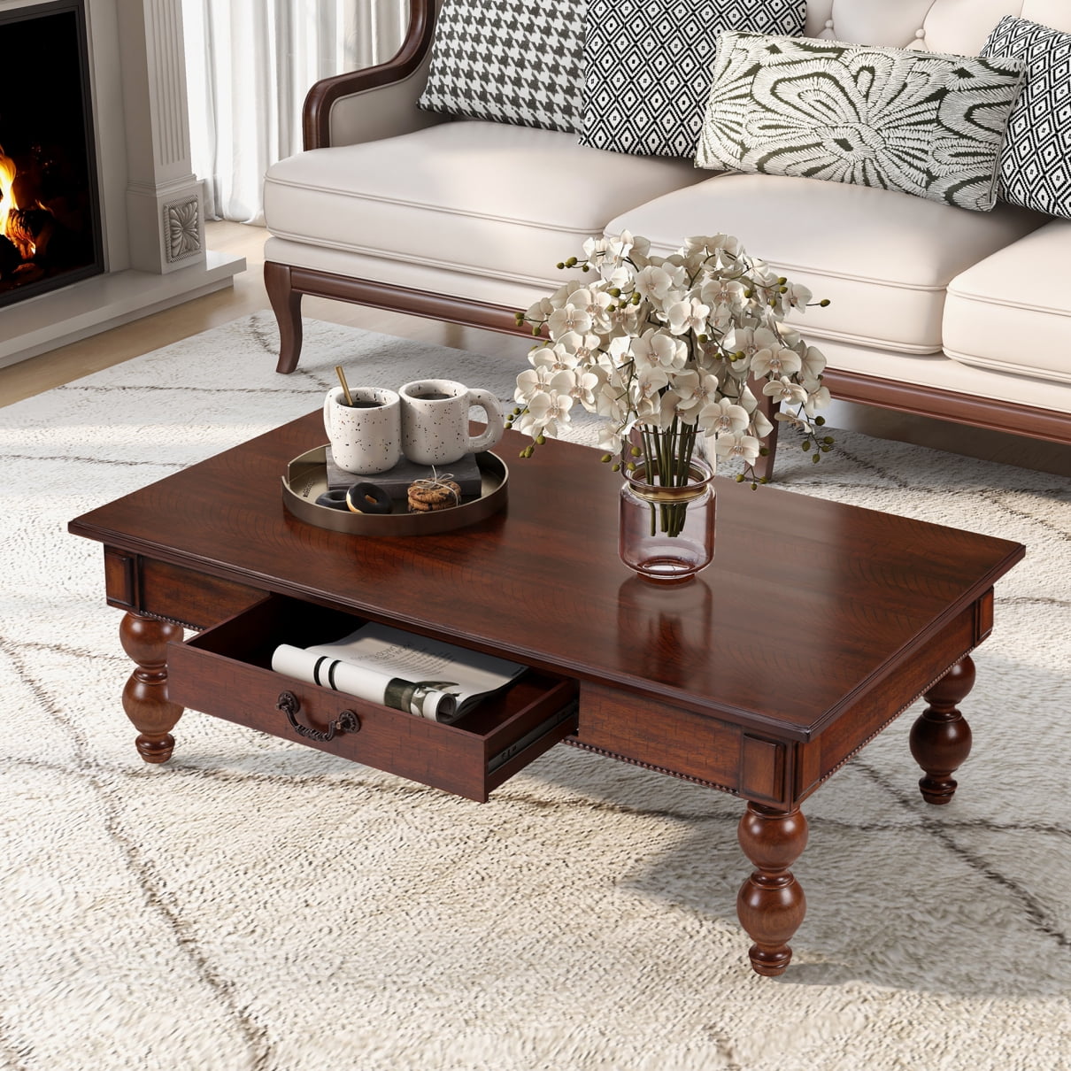 47'' Rectangular Wooden Coffee Table with Storage Drawer, Vintage ...