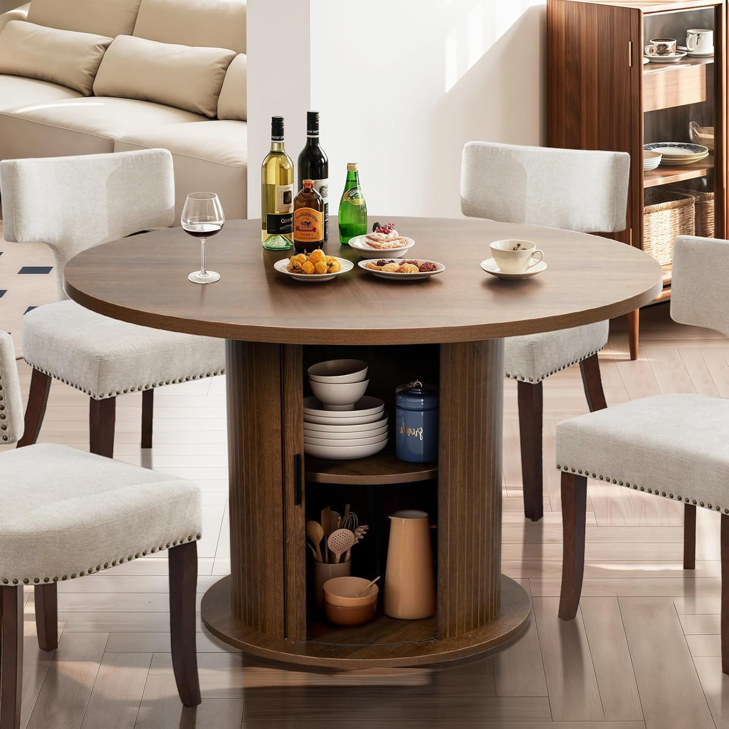 47" Round Dining Table with 2-Tier Hidden Storage - Space Saving Wood ...