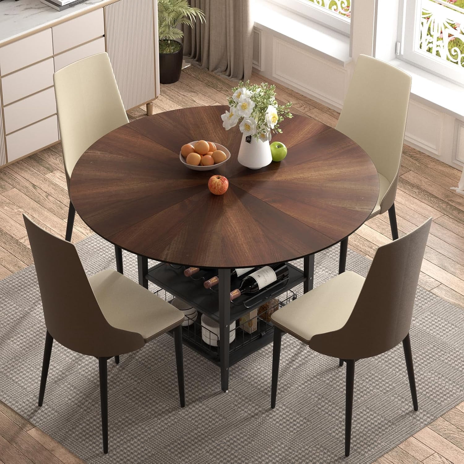 47" Round Dining Table Set with Storage Steel Legs & Sunburst Design, 5 ...