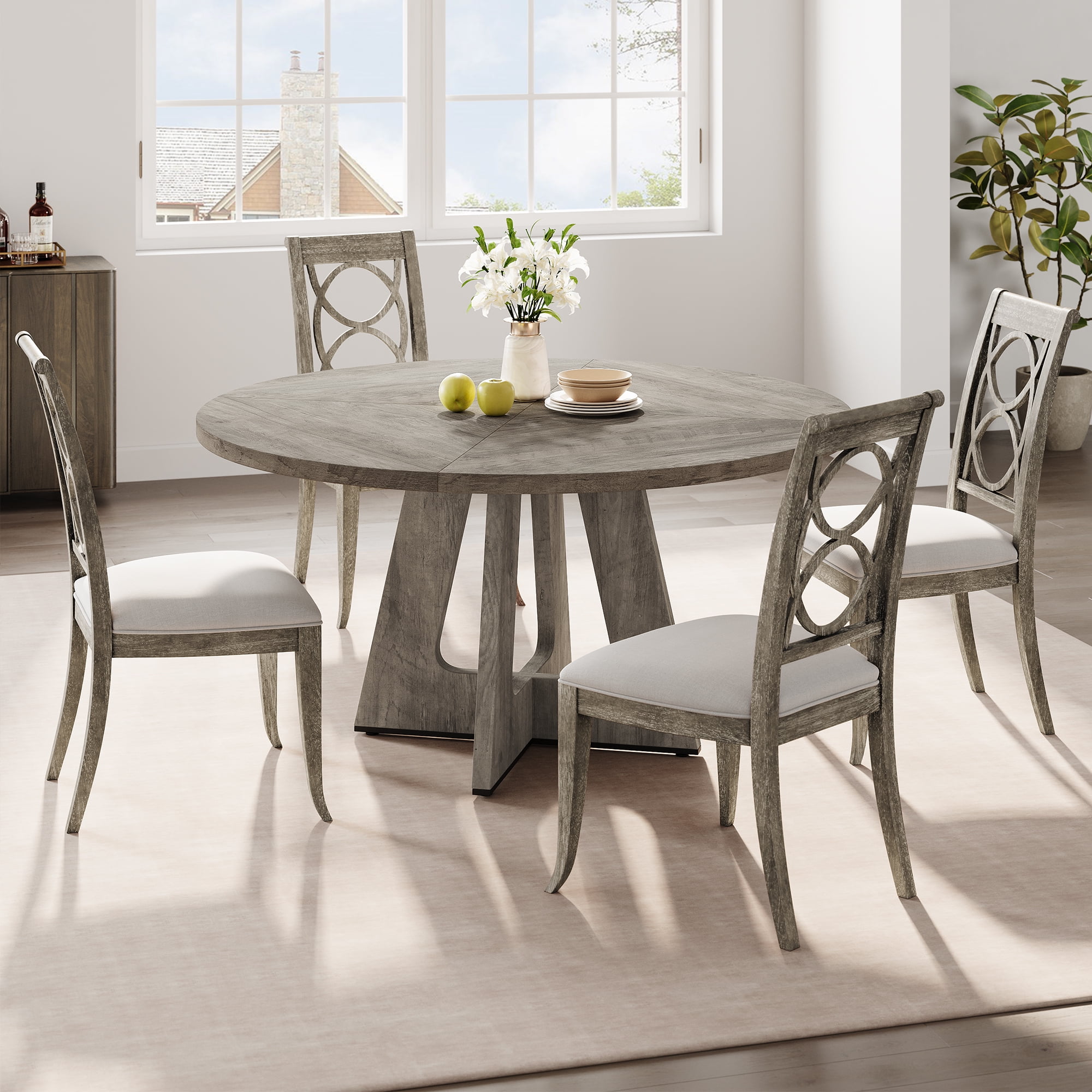 47" Round Dining Table for 4-6 People, Farmhouse Wooden Kitchen Table ...