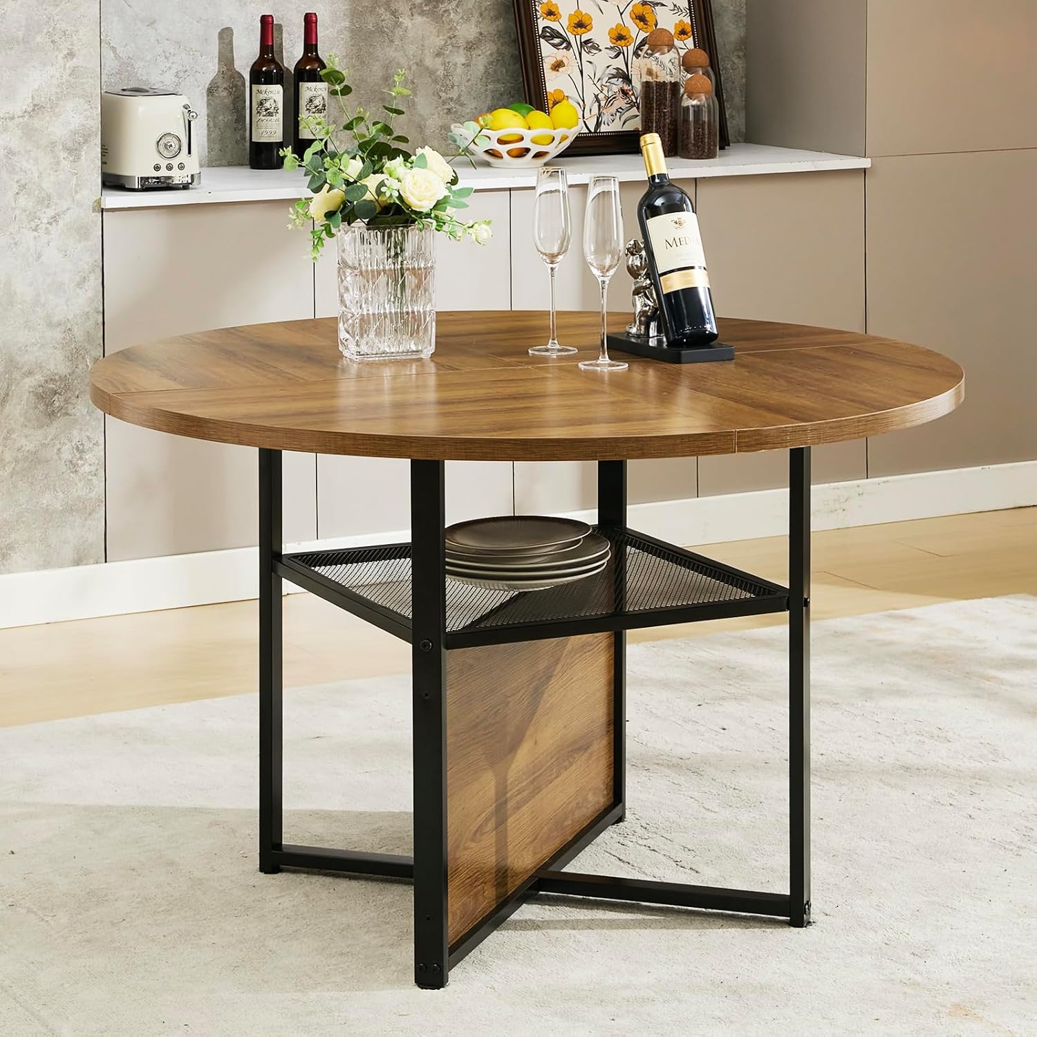 47” Round Dining Table for 4 6 with Storage Shelf, Wood Kitchen Dinner ...
