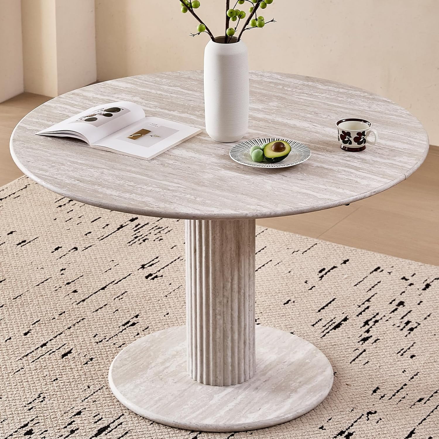 47" Round Dining Table for 4, [Cylinder Pedestal Base] [Stone-Patterned ...