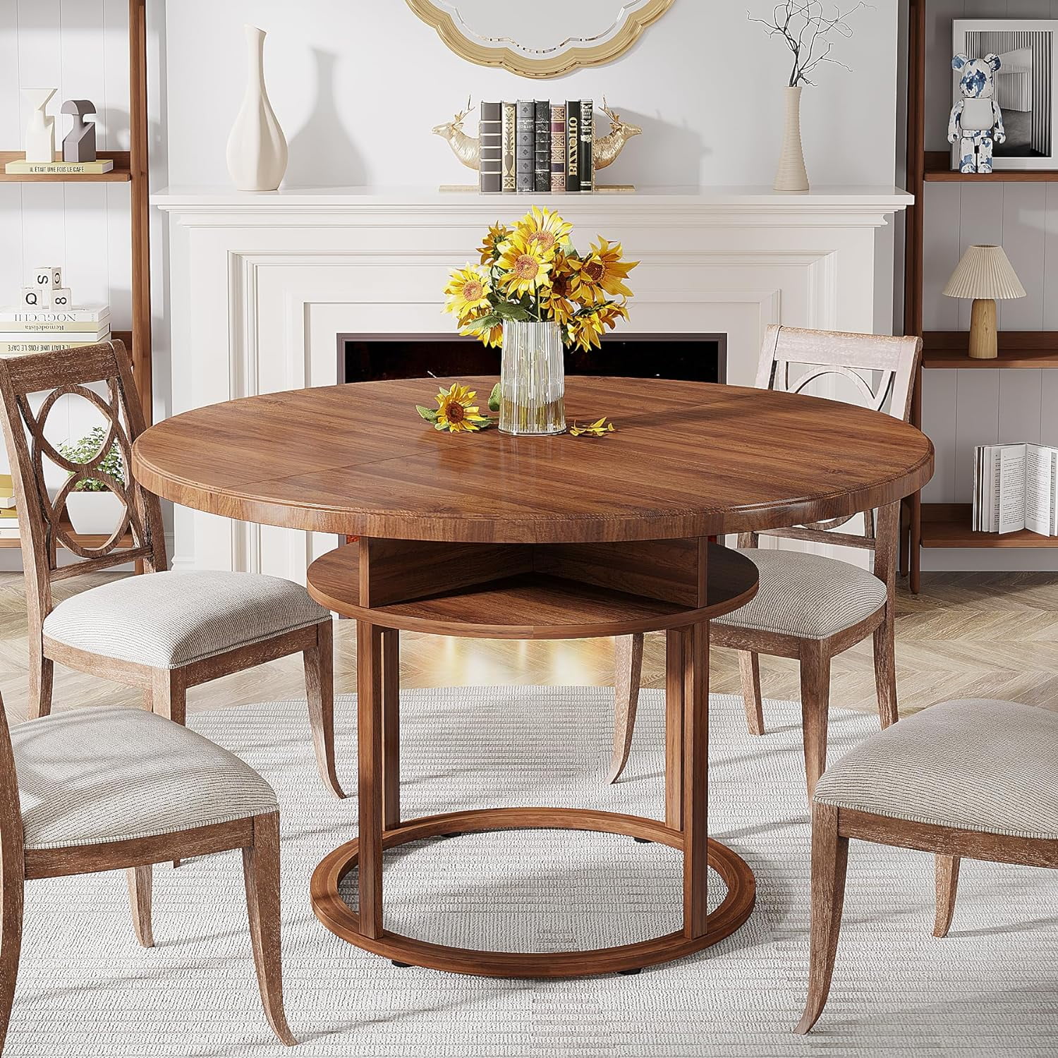 "47"" Modern Indoor Round Dining Table for 4-6, Brown Kitchen Table ...