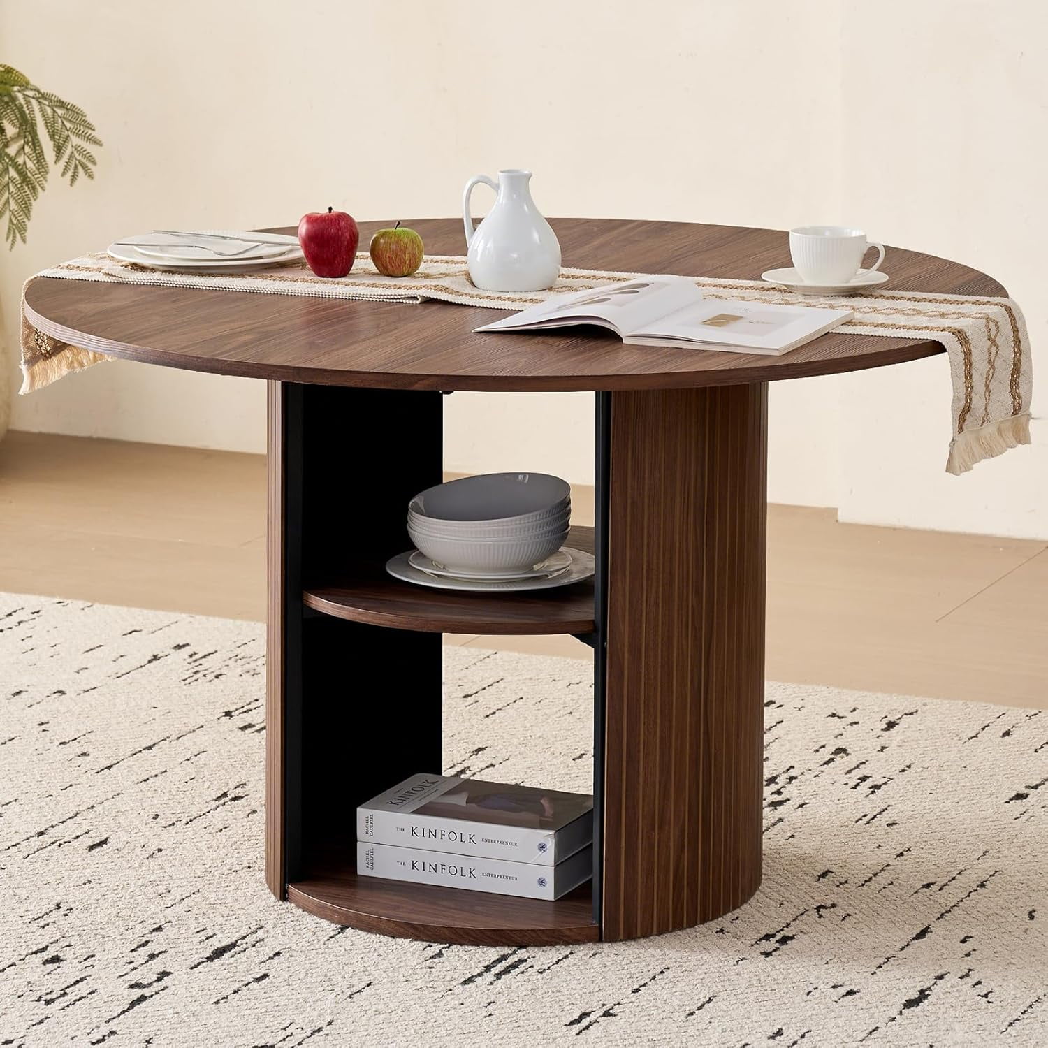 47" Round Dining Table for 4, with Shelf Storage Modern Pedestal Circle ...