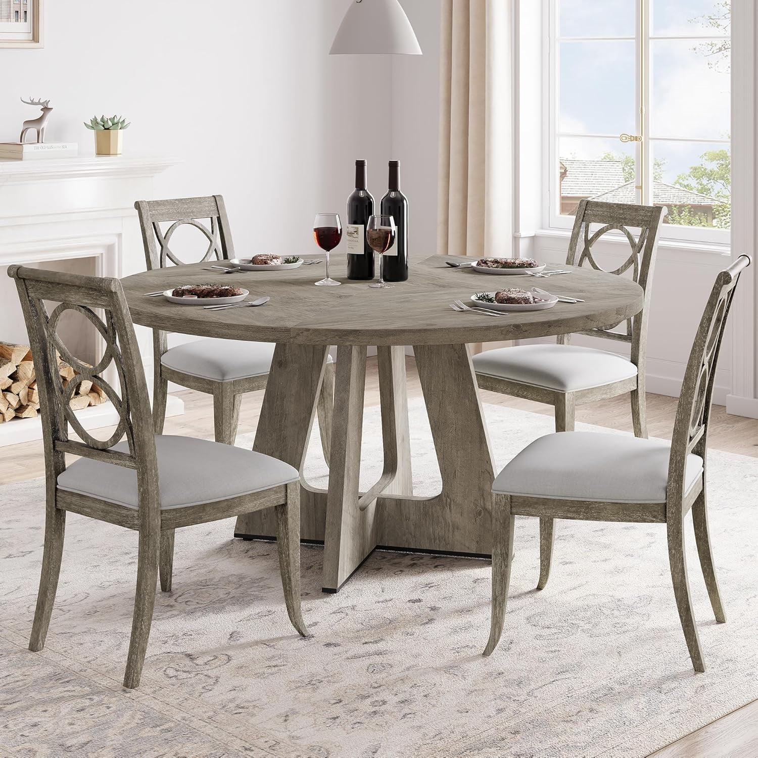 47" Round Farmhouse Dining Table for 4-6 | Wooden Top & Legs, Large ...