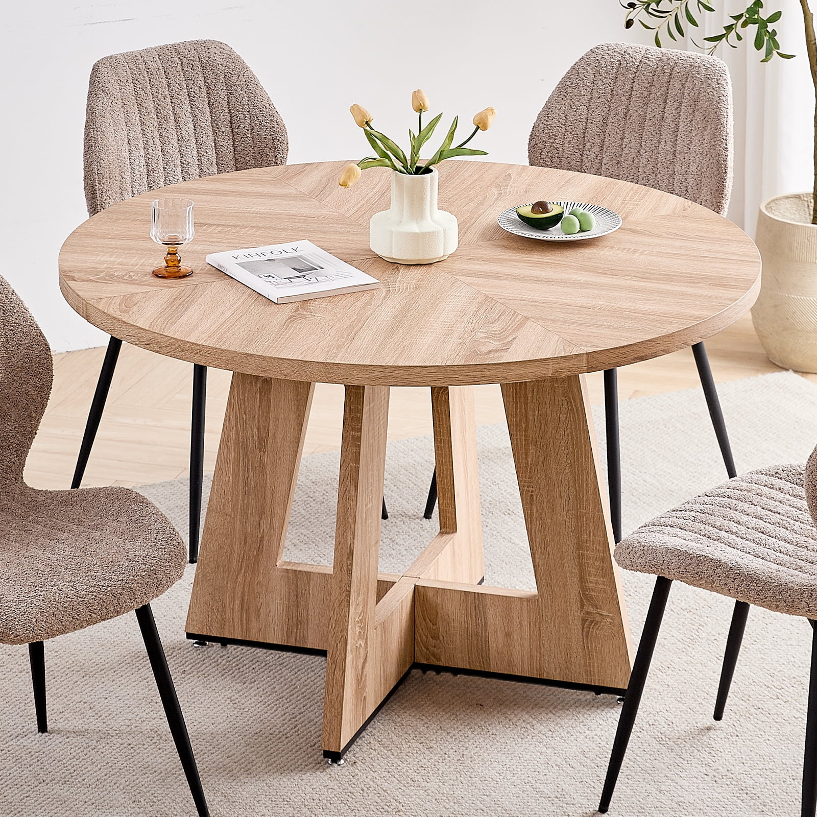 47" Round Farmhouse Dining Table for 4 People, Feature Fanned Base, 1. ...