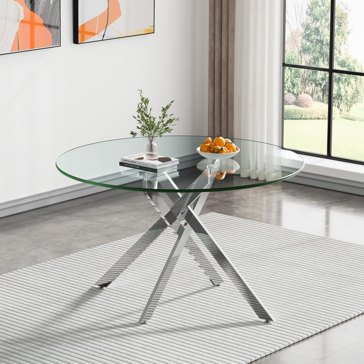 47" Round Glass Dining Table for 4-6, Circle Kitchen Table with ...
