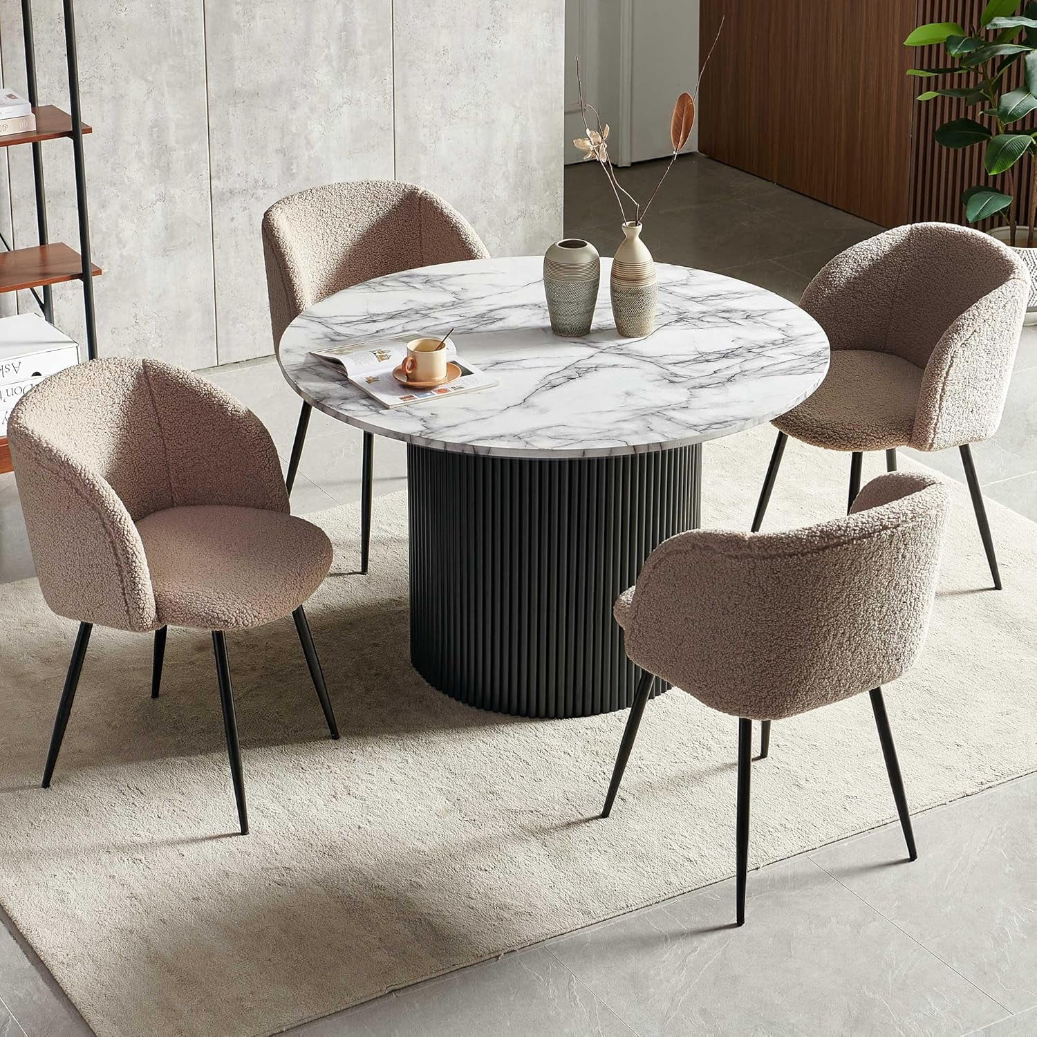 47" Round Kitchen Dining Table Set for 4, Two-Part White Marble ...