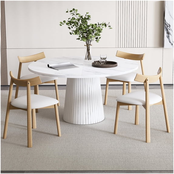 47" Round Kitchen Table Set, White Farmhouse Dining Table with Marble ...