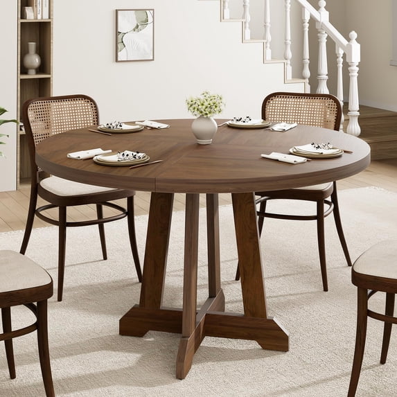 47" Round Wooden Dining Table for 4 – Sturdy Legs, 4-Piece Tabletop ...