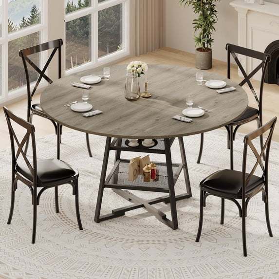 47" Round Wooden Dining Table with Metal Base – Seats 4-6 – Built-in ...