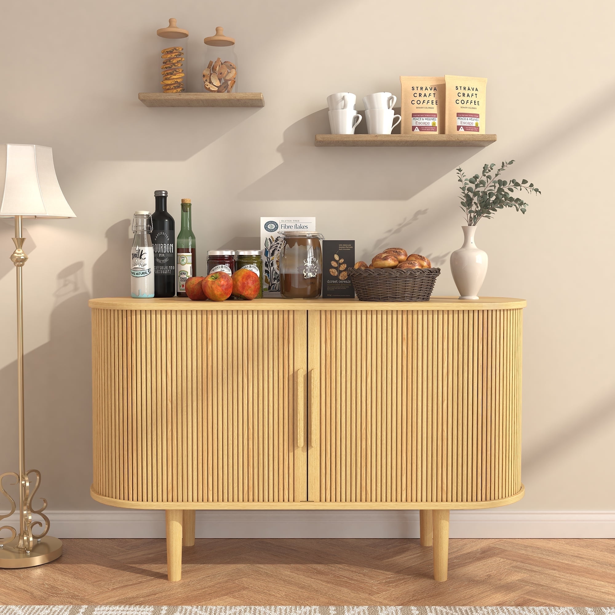 BOMETAO 47'' Sideboard Buffet Cabinet with Sliding Tambour Doors, Mid Century Accent Console ...