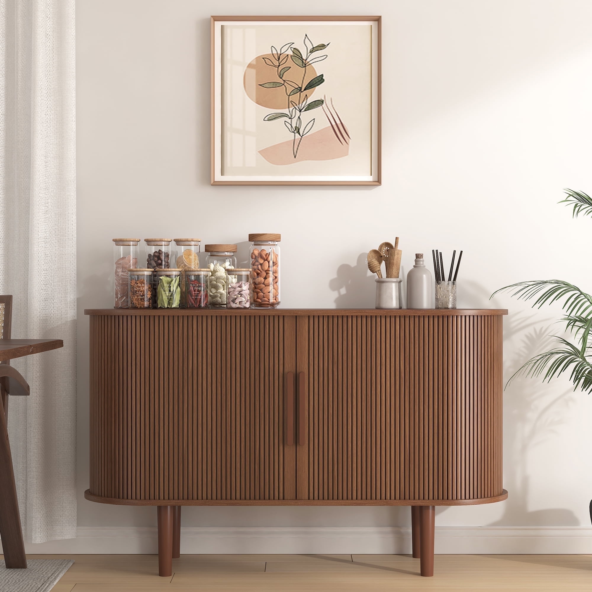 BOMETAO 47'' Sideboard Buffet Cabinet with 2 Sliding Tambour Doors, Mid Century Accent Console ...