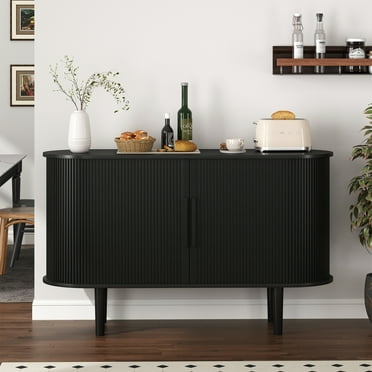 Fluted Sideboard Buffet Cabinet with Tambour Sliding Drawer, Small Buffet with 2 Doors, Mid ...