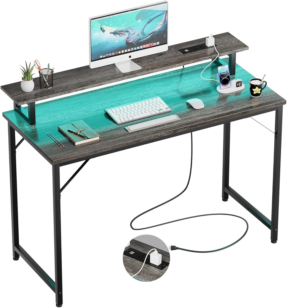 47 in Small Desk with Monitor Stand, Basic Computer Desk with Power ...
