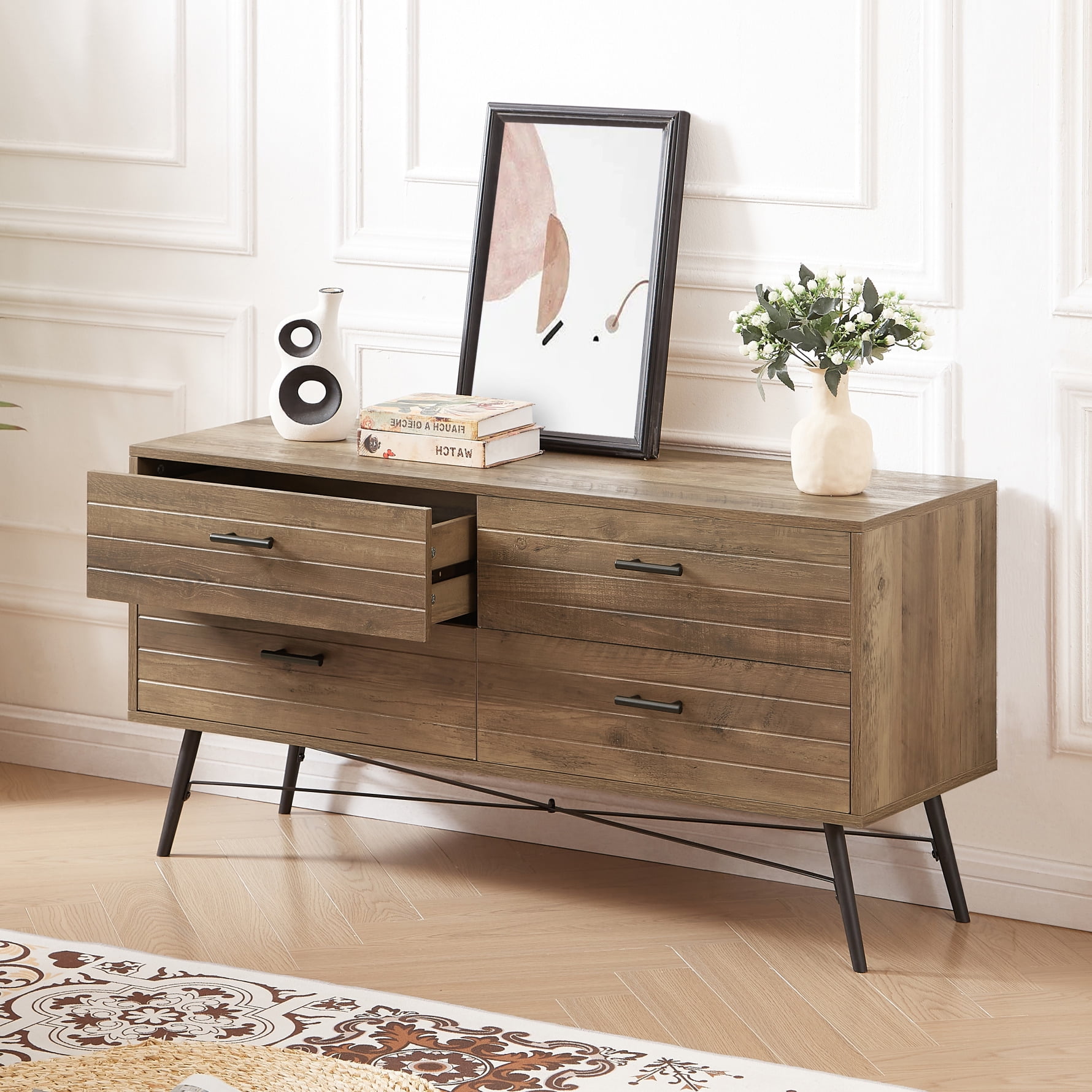 47 Storage Accent Dresser Modern Wood TV Stand with 4 Drawers Side Console Table for Living Room Bedroom Hallway Walnut Brown