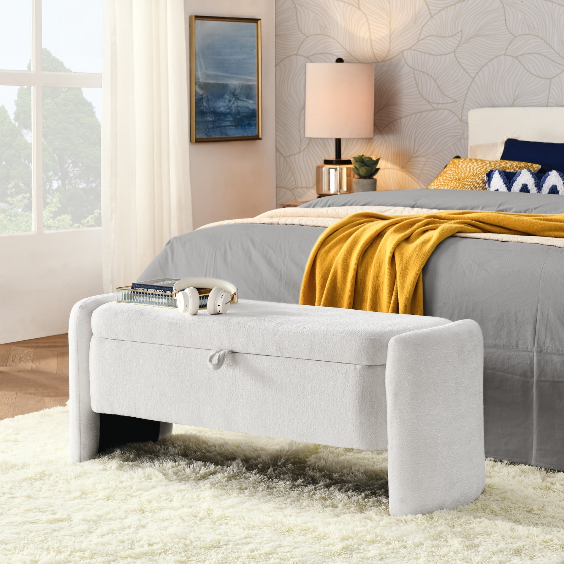47" Storage Bench, Modern Oval Upholstered Storage Ottoman with Large ...