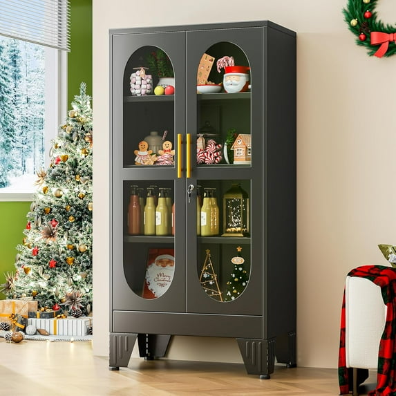 47" Tall Metal Curio Cabinet, Display Storage Cabinet with Glass Door ...