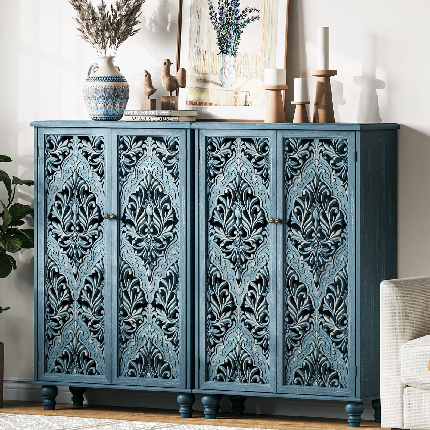 47" Tall Storage Cabinet with Solid Wood Legs,Set of 2,Accent Cabinet ...