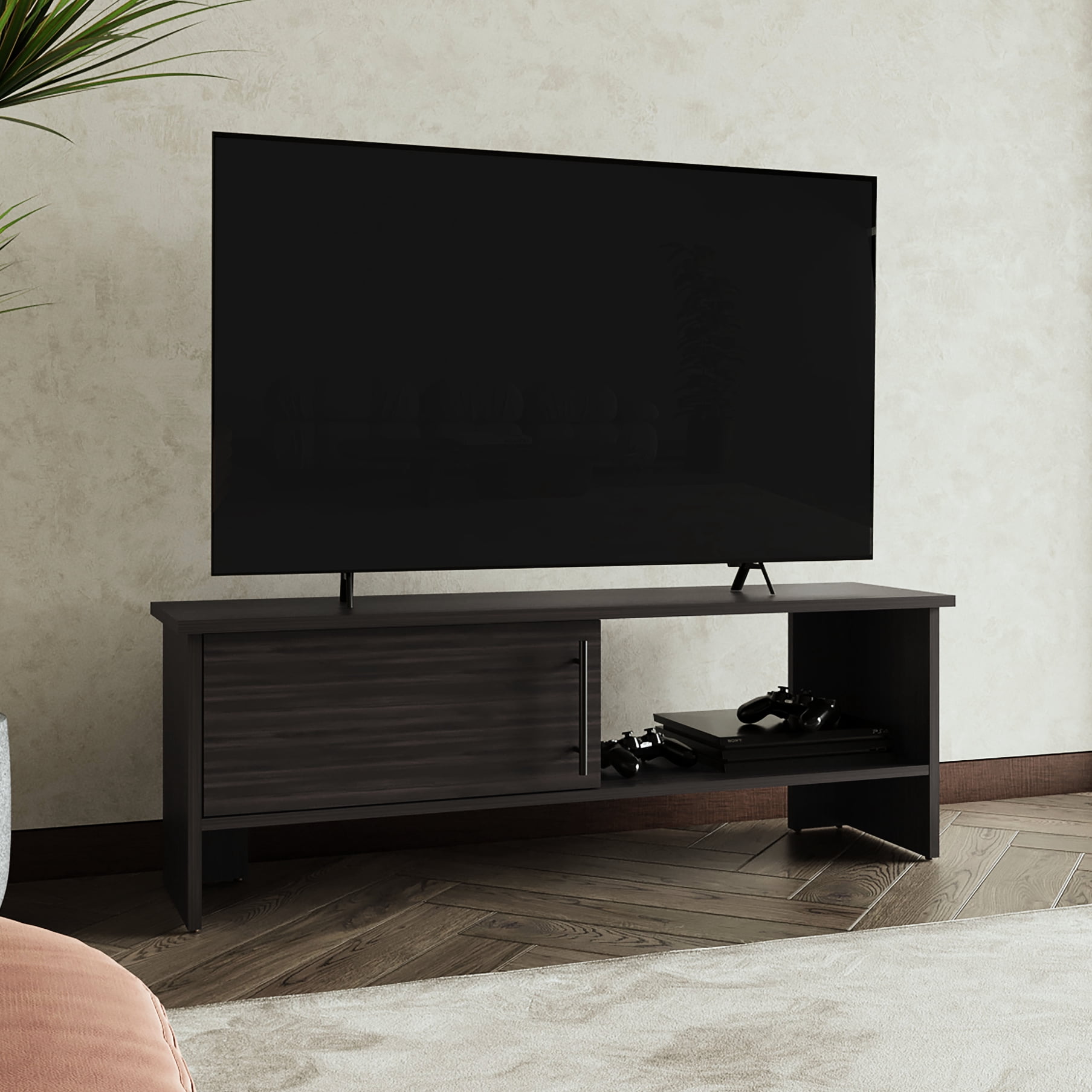 47" Tv Stand In Dark Walnut Finish. One Cabinet & Open Shelf ...