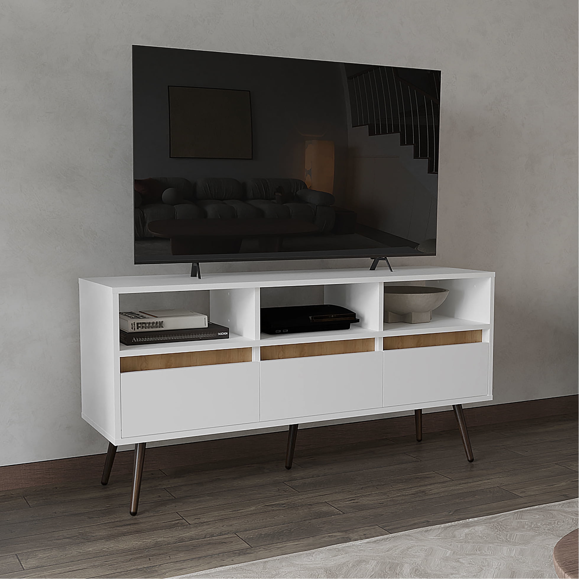 47" Tv Stand For Media Storage, Three Drawers & Shelves, Natural White ...