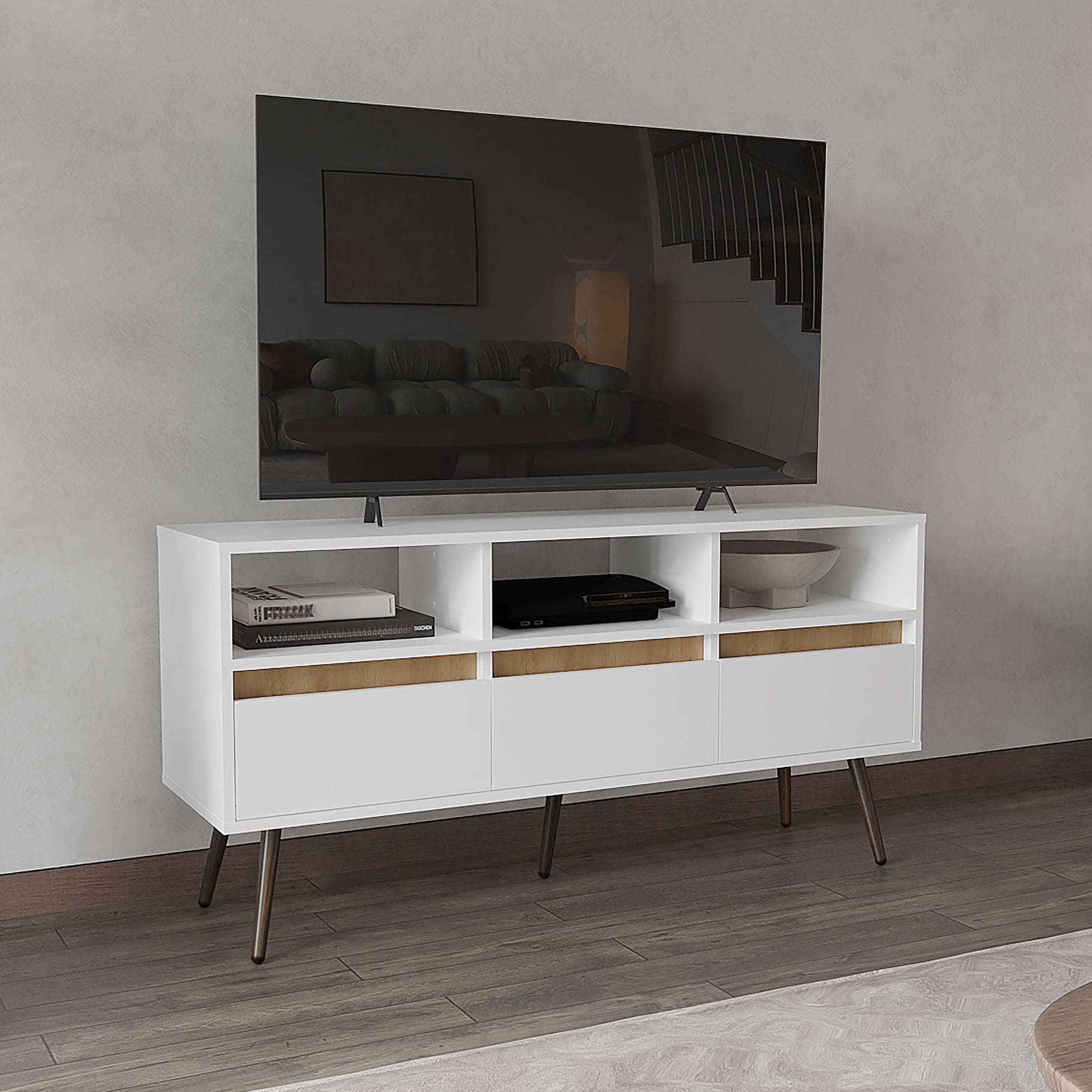 47" Tv Stand With Display Shelves, Three Drawers, White Natural Wood Tv ...