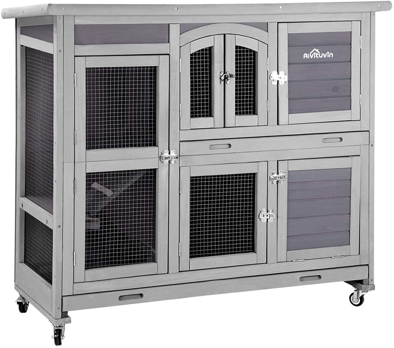 47" Two Story Rabbit Hutch Bunny Cage with Wheels, Indoor Outdoor ...